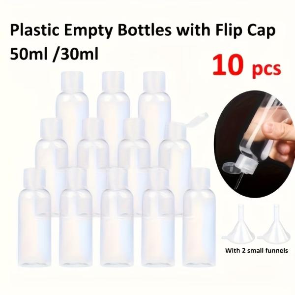 10個30ml/50ml 透明プラスチック 空ボトル、フリップキャップ付きサイズボトル、小型ボトル（液体、洗面用品、シャンプー、ローション、コンディショナー用）、小型漏斗2個付き