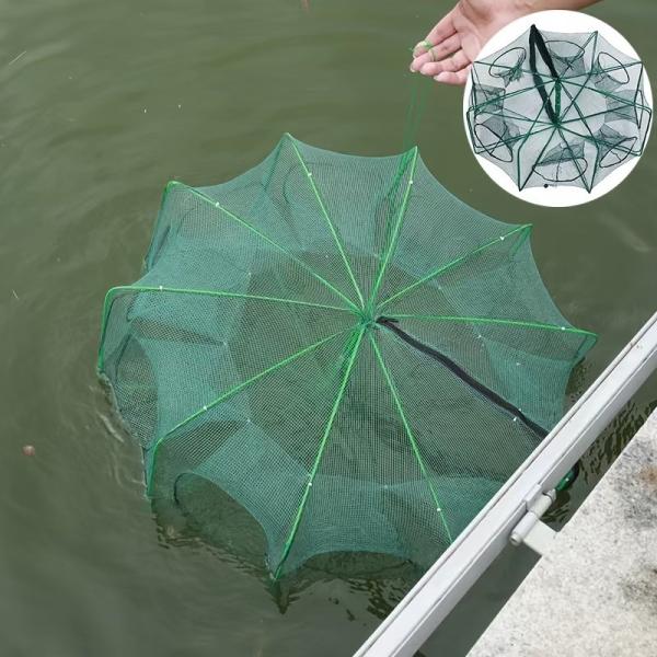 1個 8穴釣りネット、折りたたみ式釣りケージネット、ナイロン多糸織りネットクロス手投げ魚袋、正方形の魚・エビネット、魚網
