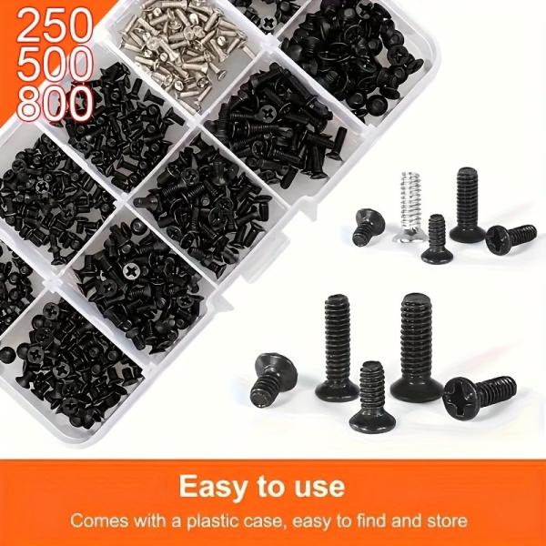 250個/500個/800個小型コンピュータスクリュー詰め合わせキット、黒色の極細メガネネジ M2 M2.5 M3、PC/ノートPC SSDハードドライブ CPUクーラー ネジ、M.2電子部品ネジセット