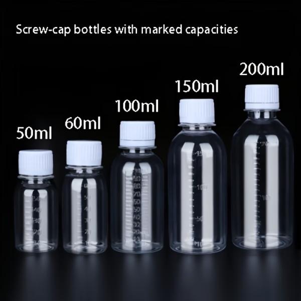 3個セット 透明プラスチック試薬ボトル 精密目盛り付き 50ml/60ml/100ml/150ml/200mlサイズ 液体・ペースト対応 実験室・教室・家庭用 プラスチックディスペンシングボトル