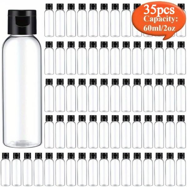 35個セット 60ml/2oz 透明プラスチック トラベルボトル フリップトップ付き 透明仕切りコンテナ 液体洗浄製品 シャンプー ローション用仕切りボトル (黒キャップ)