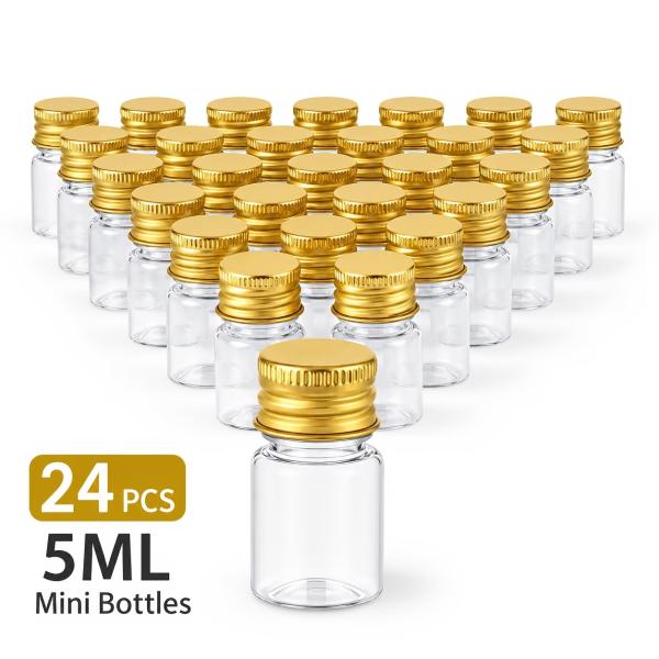 24個5ML 透明プラスチック ミニボトル 銀色のネジキャップ付き 小型サンプル容器 空のボトル エッセンシャルオイル 香水 液体 クラフト 収納に