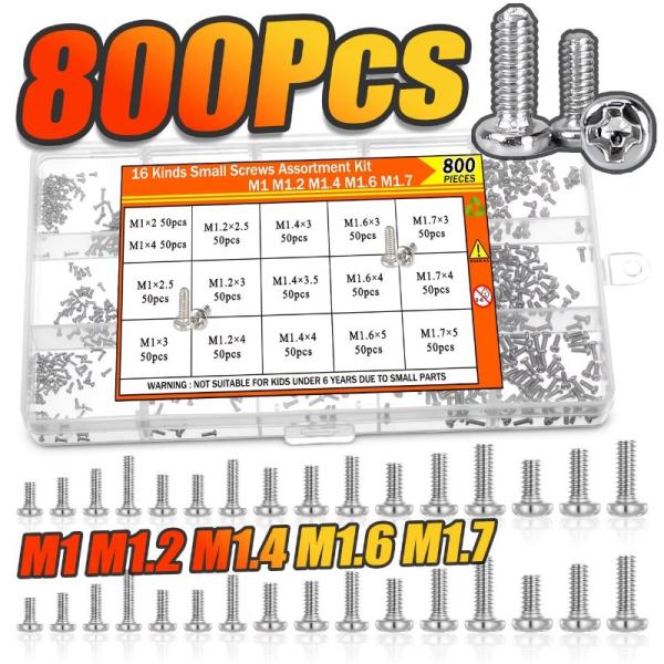 800本セット電子機器用 ミニネジ M1 M1.2 M1.4 M1.6 M1.7 十字穴付き パンチヘッド ミニマイクロネジ アソートメントキット、ニッケルメッキ 炭素鋼 小型ネジ スマホ ノートパソコン 時計 メガネ 電子機器修理に