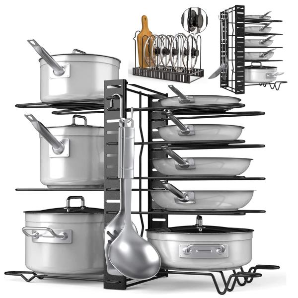 ? 【寸法と重量】 本体：金属 (粉体塗装) ラックサイズ：約 54.6 x 41.9 x 20.1 CM ，重量：（? 2.2 KG） 耐荷重：フライパンラック全体には最大34kgの調理器具を収納できます。 さまざまなサイズのフライパン、...