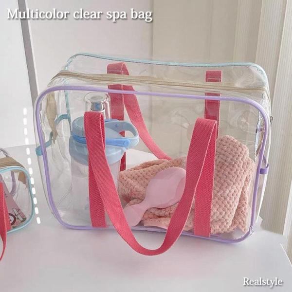 マルチカラー×クリアがキュートなスパバッグPVC素材なので濡れても安心。サウナや銭湯はもちろん、海やプール、化粧品を入れてデイリー使いなど、様々なシーンで活躍してくれます完全防水ではございません。水や汚れが付着した場合は早めの拭き取りをお勧...