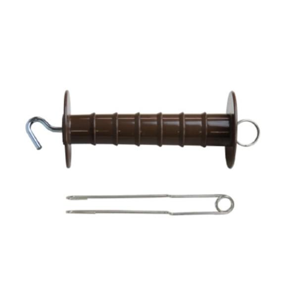 ※注意：支柱・ガイシ・フックについては、他メーカー間の互換性はありません。同じメーカーのものをお求めください。農業機械や人の出入り口に簡単に設置出来ます。出入口用グリップとフック1のセット。サイズ：縦6ｃｍ×横18ｃｍ