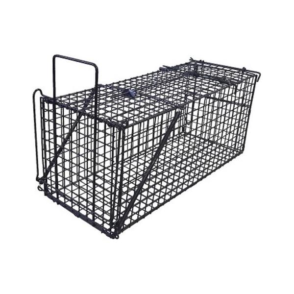 ハクビシン・アライグマなど野生獣による農林漁業被害を防ごう！閉じ込められたが最期！強力捕獲カゴです！エサをつけたフックを引くとドアが閉まります。