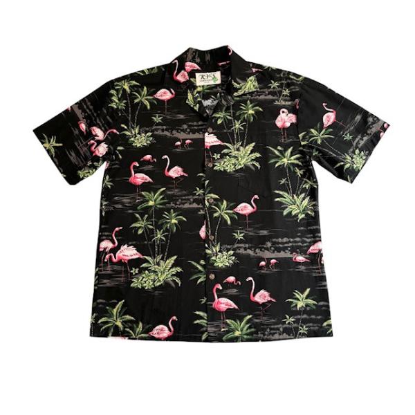商品/カイズ KY‘S アロハシャツ商品説明/黒ベースにフラミンゴやパームが映えるリゾート感溢れるデザイン。メイドインハワイ製。表記見当たりませんが、弊社私見でMサイズ相当かと思われます。下記実寸もご確認ください。商品カラー/ブラック ピン...