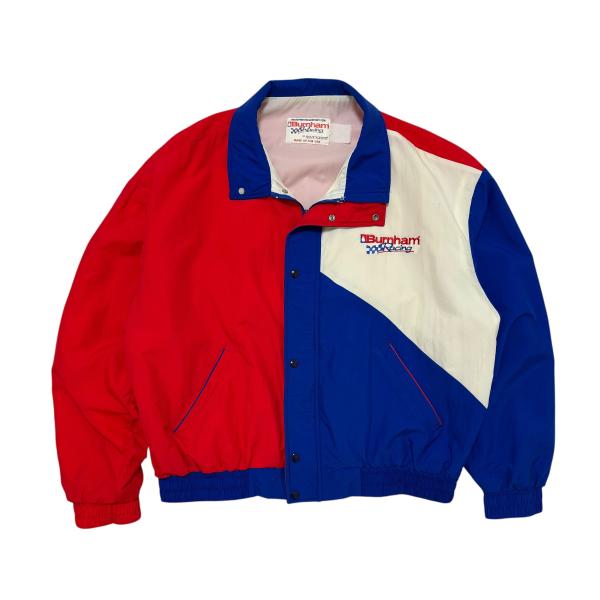 商品/90s USA製 スウィングスター swingster ナイロン レーシングジャケット商品説明/ こちらの90年代USA製レーシングジャケットは、トリコロールカラーに映える胸元のチェッカーフラッグ刺繍が印象的な一着です。配色ラインが当...