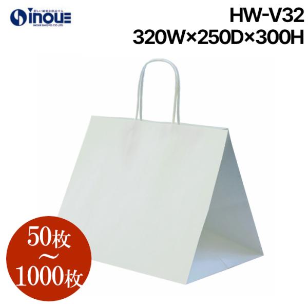 ■仕様詳細品名 紙手提袋 HW-V32素材 晒サイズ 幅320×マチ250×丈300ｍｍハンドル 紙丸紐 抗菌入数 200枚ケース特徴 ●マチが広く、箱がきれいに入る。●高さを低くしし品物が取り出しやすいフラットな紙袋です。●抗菌ハンドル ...