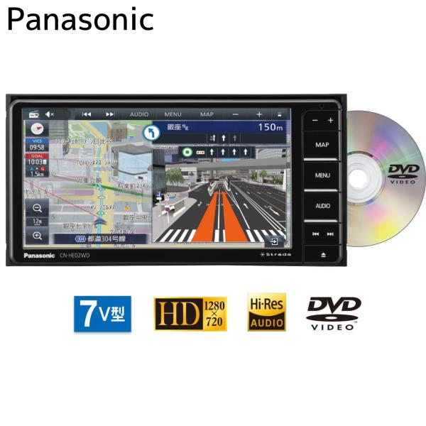 ○パナソニック　7 V型(インチ)　ドラレコ連携/フルセグ/Bluetooth//DVD/CD/SD/USB/全国市街地図/VICS WIDE　ストラーダ　CN-HE02WD「HD美次元マップ」、HD液晶、VICS WIDE、Bluetoo...