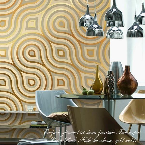 壁紙 おしゃれ 北欧 張り替え 自分で diy クロス 輸入壁紙曲線が幾重にも重なったゴールドカラーのゴージャスな幾何学模様壁紙■材質：紙■サイズ：約368cm×254cm（8枚分割）■施工難易度：★★★★★■適用：ドイツ製■付属品：壁紙の...
