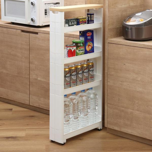 サイズ/約幅12.5×奥行55×高さ97.4cm内容量/1台材質/本体：ポリプロピレン天板：プリント化粧パーチクルボード生産国/日本製キャスター/付き耐荷重/天板：約3kg以下上段：約4kg以下中段（上）：約4kg以下中段（下）：約6kg以...