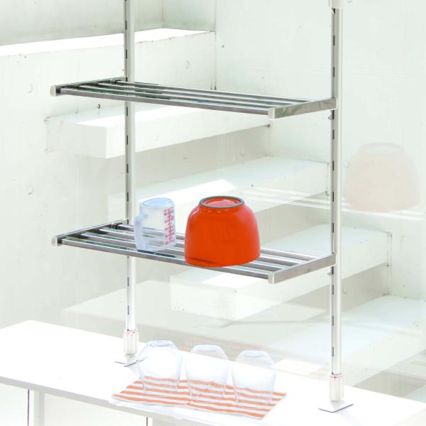 サイズ/約幅46.7×奥行21.3×高さ70〜105cm重量/約1.2kg内容量/1台材質/パイプ棚：ステンレス支柱：アルミ樹脂部：PP、PE、ABS、PA6生産国/台湾製棚板1枚あたり耐荷重/約10kg組立状態/お客様組立品●シンク上やコ...