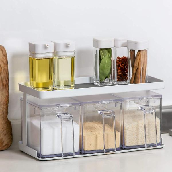 サイズ/ストッカー収納時（取っ手含む）：約幅27.5×奥行15×高さ13.5cmラックのみ：約幅27.5×奥行11.5×高さ13.5cmストッカー：約幅9×奥行15×高さ11cm容量/調味料ストッカー1個あたり：約650ml内容量/ラック：...