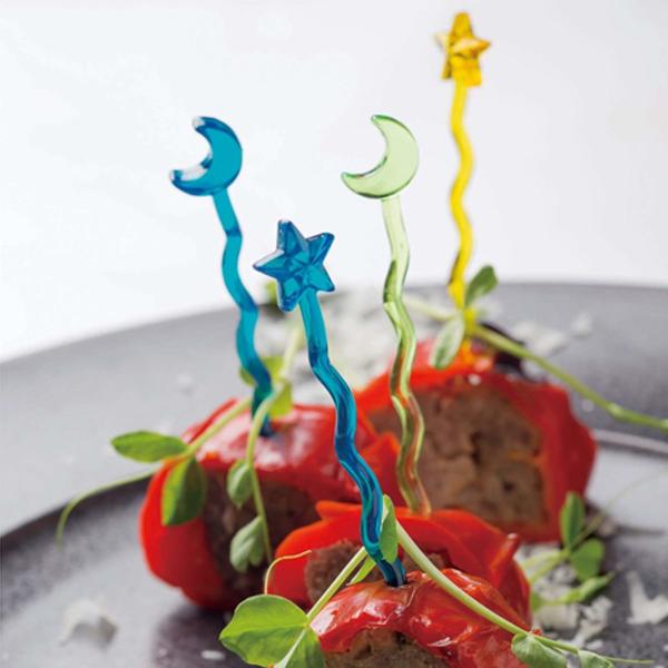 サイズ/スター：約幅1.4×奥行0.7×高さ9.7cmムーン：約幅1.4×奥行0.6×高さ9.8cm重量/約43g内容量/12本入り（2種×各5本）材質/メタクリル樹脂生産国/日本製●さまざまな食材にさすだけで料理を華やかにするプラスチック...