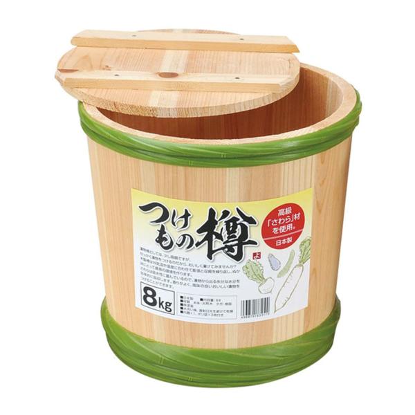 サイズ/約高さ25.5cm直径：約27cm内容量/1個付属品：ビニール袋3枚、押蓋1枚材質/さわら、ひのき生産国/日本製●ご家庭で本格的に漬物が漬けられる漬物樽です。●押蓋付きでしっかりと漬物を漬けられます。●約8kgの漬物が作れます。●水...