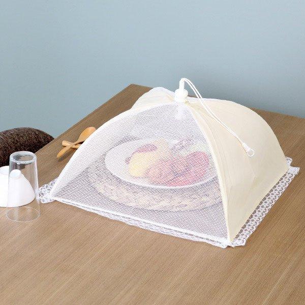 サイズ/約幅43×奥行43×高さ20cm内容量/1個材質/生地：ポリエステル65％、綿35％レース：ポリエステル100％樹脂：ポリエチレン100％骨：グラスファイバー生産国/日本製洗濯/手洗いのみ可能●ホコリや虫、ペットの毛からお料理を守る...