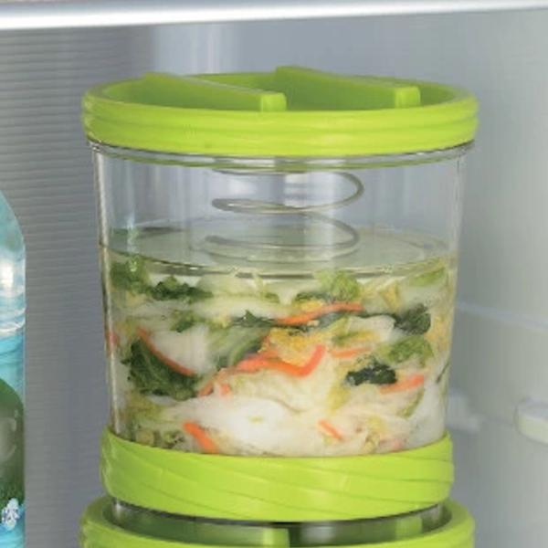 サイズ/約高さ14cm直径：約13cm重量/約220g容量/満水容量：1.2L内容量/1個材質/本体容器：AS樹脂スプリング：ステンレス鋼蓋・たが：ポリエチレンバネおさえ：ポリプロピレン生産国/日本製パーツ別耐熱温度/本体容器：約80度蓋・...