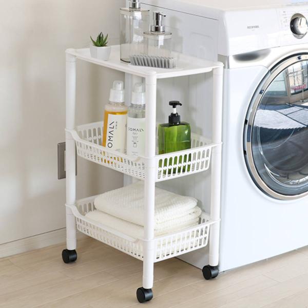 サイズ/約幅29.7×奥行46.2×高さ67.2cm内容量/1台材質/ポリプロピレン生産国/日本製キャスター/付き耐荷重/約3kg（1段あたり）組立状態/お客様組立品●隙間収納に便利なキャスター付きのキッチンワゴンです。●バスケットタイプな...