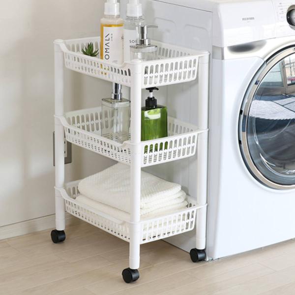 サイズ/約幅29.7×奥行46.2×高さ67.2cm内容量/1台材質/ポリプロピレン生産国/日本製キャスター/付き耐荷重/約3kg（1段あたり）組立状態/お客様組立品●隙間収納に便利なキャスター付きのキッチンワゴンです。●バスケットタイプな...