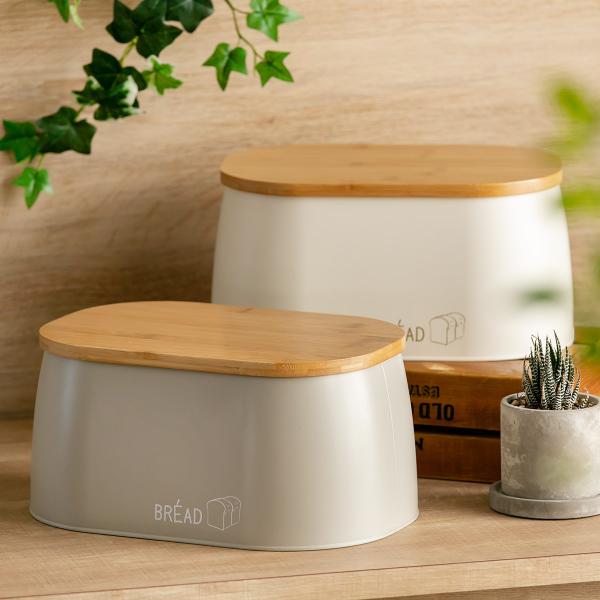 サイズ/約幅33.5×奥行23.5×高さ16cm重量/約1.17kg内容量/1個材質/本体：スチール蓋：竹種類/アイボリー、グレー生産国/中国製●ラフな雰囲気がおしゃれなスチール製ブレッドケースです。●ボックスタイプでたくさん収納でき、食パ...