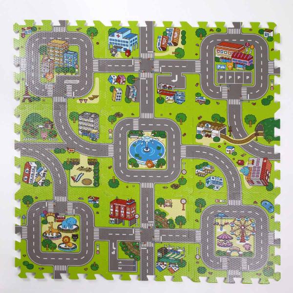 サイズ/約横31.5×縦31.5cm厚さ：約1cm内容量/9枚入り材質/ポリエチレン生産国/中国製洗濯/手洗いのみ可能●繋げると道路の絵になります。●プレイマットとして乗り物が好きなお子様が遊ぶのにピッタリです。●ソフトな弾力があり、床の傷...