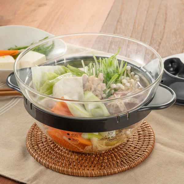 サイズ/約幅19.5×奥行16.3×高さ9.5cm内径：約16.3cm重量/約400g容量/約450ml内容量/1個材質/本体：耐熱ガラスフタ・取手：ポリプロピレン生産国/日本製耐熱温度差/120度食器洗い乾燥機/使用可能電子レンジ/使用可...