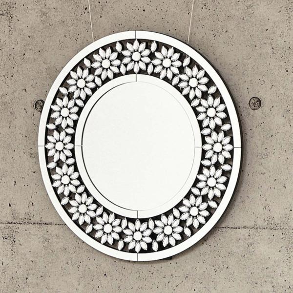 サイズ/直径：約60cm厚さ：約6cm重量/約3.7kg内容量/1個材質/4mm厚ミラー、中質繊維板生産国/中国製組立状態/完成品梱包サイズ/幅67×奥行68×高さ9cm●繊細なフラワーモチーフが可愛いデザインミラー●スタンドにも壁掛けにも...