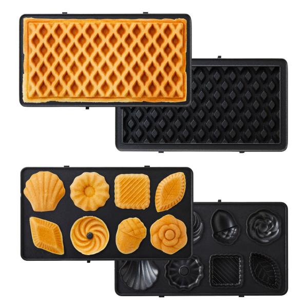 サイズ/約幅25×奥行14.2×高さ1.9cm※1枚あたりのサイズ内容量/1セット材質/アルミニウム合金（内面フッ素樹脂塗装）種類/ワッフル、ミニケーキ生産国/中国製●大きなワッフルが作れる●8種の焼き菓子が作れる●取り外しも簡単着脱式プレ...