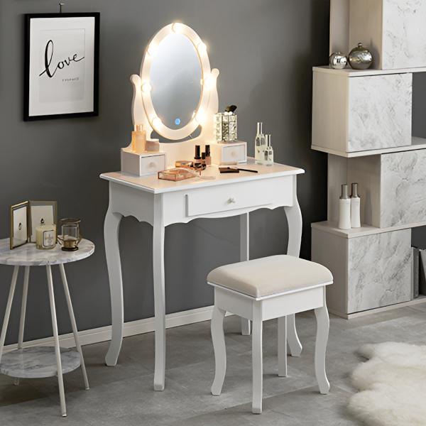 サイズ/約幅70×奥行42×高さ130cmスツール：約幅37×奥行28×高さ45cm内容量/1台材質/主材：繊維板、張地：ポリエステル生産国/中国製組立状態/お客様組立品●LEDライト付きの優雅なドレッサー●ロマンティックなフォルム●選べる...