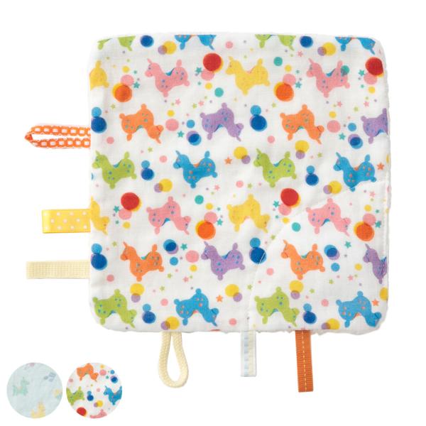 サイズ/約横20×縦20cm内容量/1枚材質/本体：綿100％押し笛：ポリエチレン種類/サックス、カラフル生産国/日本製乾燥機/使用不可●おもちゃのように赤ちゃんが楽しめるハンカチです。●押し笛が入っており、押すと音が鳴ります。●さまざまな...