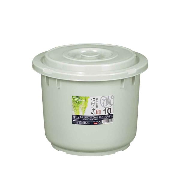 サイズ/約高さ24cm直径：約30cm容量/約10L内容量/1個付属品：押し蓋材質/本体・蓋：ポリエチレン押し蓋：ポリプロピレン生産国/日本製●お手軽に本格的な漬物作りができるプラスチック製の漬物容器10型（押し蓋付き）です。●プラスチック...