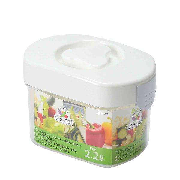 サイズ/約幅21×奥行13.5×高さ15cm重量/約467g容量/約2.2L内容量/1個材質/容器・蓋：ポリスチレンつまみ・軸・押し板：ポリプロピレンフック：AS樹脂バネ：ステンレス鋼生産国/日本製パーツ別耐熱温度/容器・蓋：70度、つまみ...