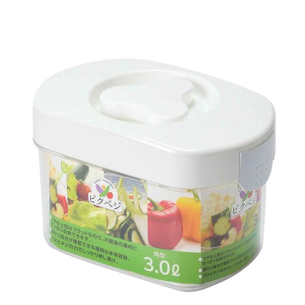 サイズ/約幅23.5×奥行15×高さ16cm重量/約603g容量/約3L内容量/1個材質/容器・蓋：ポリスチレンつまみ・軸・押し板：ポリプロピレンフック：AS樹脂バネ：ステンレス鋼生産国/日本製パーツ別耐熱温度/容器・蓋：70度、つまみ・軸...