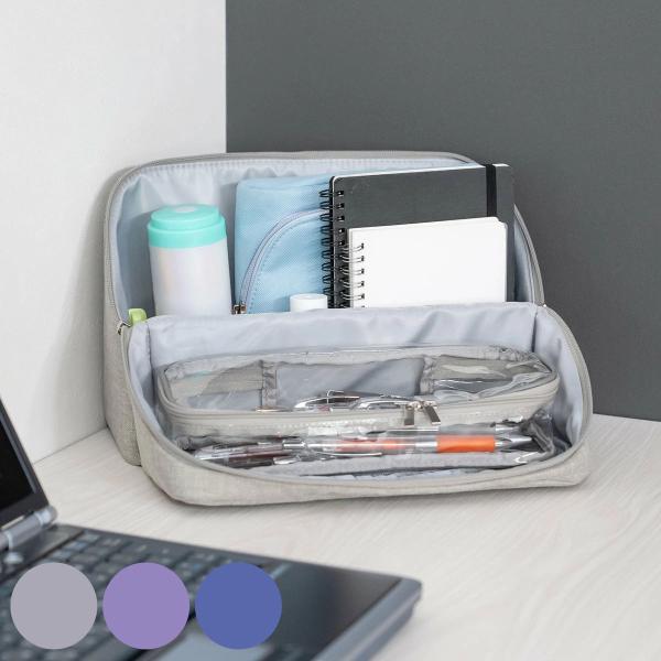 サイズ/約幅28×奥行11.5×高さ21.5cm開けた時のサイズ：約幅28×奥行23×高さ20(cm)内容量/1個付属品：クリアポーチ材質/ポリエステル種類/グレー、ヴァイオレット、ブルー生産国/中国製●勉強に必要なアイテムをまとめて収納で...