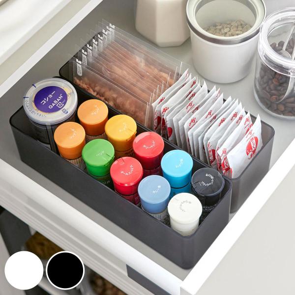 サイズ/外寸：約幅8×奥行24×高さ7.2cm内寸：約幅7.5×奥行23.5×高さ6.8cm（1個あたり）内容量/2個組材質/本体：PS樹脂種類/ホワイト、ブラック生産国/中国製耐熱温度/90度耐冷温度/−40度●引き出しの中をスッキリ整理...