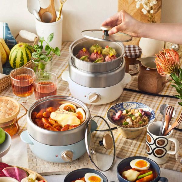 サイズ/約幅23×奥行19.5×高さ20cm※サイズはすべて重ねた場合重量/約1.5kg容量/約1.2L適正容量：約800ml内容量/1台付属品：蒸し器、鍋、フタ、グリルプレート材質/本体・蒸し器：スチール鍋：ステンレス鋼フタ：ガラス、ステ...