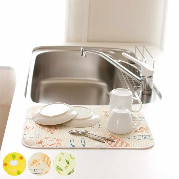 サイズ/約横40×縦30cm内容量/1枚材質/ポリエステル100％種類/イエロー、ベージュ、ミモザ生産国/中国製乾燥機/使用不可●ちょっとした洗いものに便利な薄手の水切りマットです。●キッチンが楽しくなるようなポップでカワイイ柄になっていま...