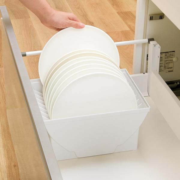 サイズ/約幅28×奥行21×高さ14cm重量/約350g内容量/本体1個、ジョイント1個材質/ポリプロピレン生産国/日本製耐熱温度/120度対応サイズ/対応するお皿：直径 約18〜26cm●トトノシリーズの引き出し用ディッシュスタンドワイド...