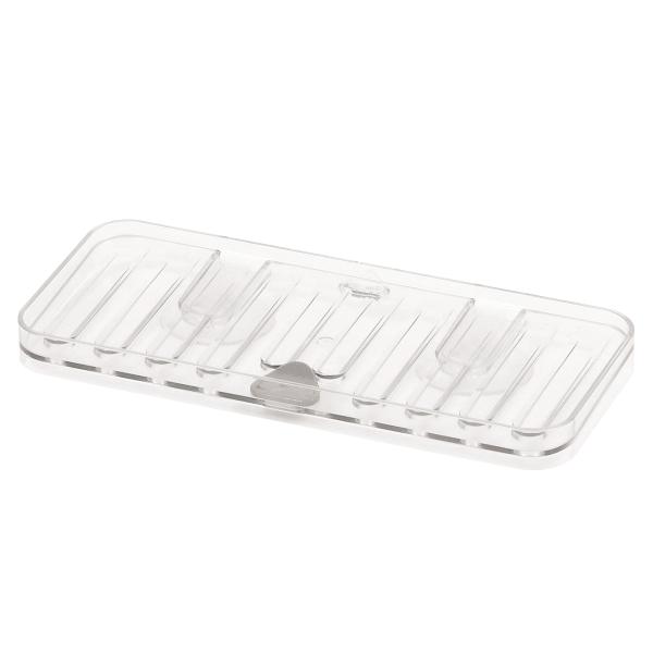 サイズ/約幅20×奥行8.5×高さ1.5cm重量/約76g内容量/1個材質/スポンジトレー：アクリル樹脂、吸着盤：塩化ビニル種類/クリア、ブルー生産国/日本製パーツ別耐熱温度/アクリル樹脂：80度●スッキリとしたデザインのアクリル製スポンジ...