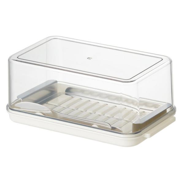 サイズ/約幅 19cm×奥行10.7cm×高さ7.7cm使用可能バターサイズ：幅12.6cm×奥行6.6cm×高さ6.2cmまでがまるごと入ります。内容量/1個材質/フタ：AS樹脂本体：ポリプロピレンカッター・ナイフ：ステンレス鋼生産国/日...