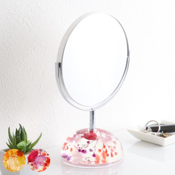サイズ/約幅16×奥行10×高さ22cmミラー：直径14.5cm内容量/1台材質/本体：2mm厚ミラー（平/拡大鏡 約7倍）、アクリル、ジェリージェル、ドライフラワー、アルミニウム、金属種類/オレンジ、ピンク生産国/日本製●お花の色合いが可...