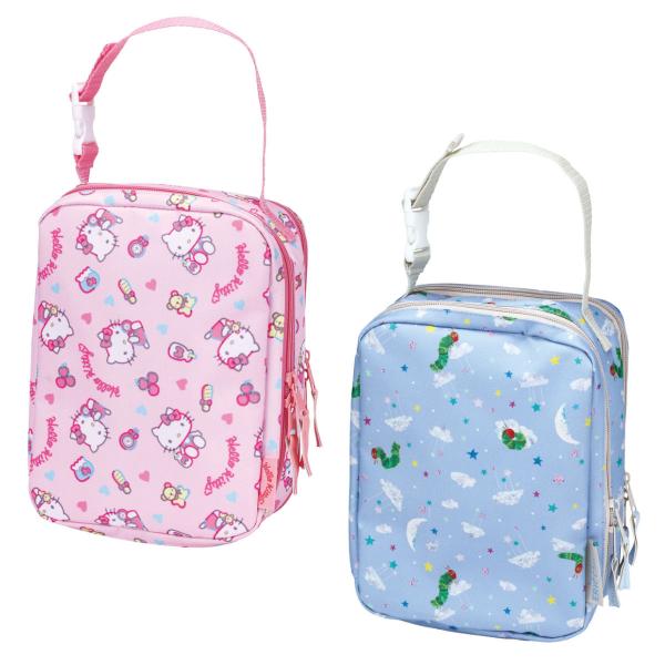 サイズ/約幅23×奥行17×高さ11cm内容量/1個材質/表地・持ち手・パイピング・内側：ポリエステル種類/ハローキティ、はらぺこあおむし生産国/中国製洗濯/不可●大きく開いて取り出しやすいおむつポーチです。●おむつや着替え、おしり拭きなど...