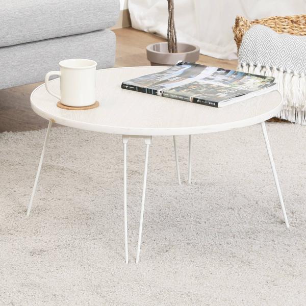 サイズ/約幅60×奥行60×高さ31.5cm折りたたみ時高さ：5cm内容量/1台材質/プリント紙化粧パーティクルボード、塩化ビニル樹脂、金属（鋼）生産国/台湾製天板耐荷重/6kg組立状態/完成品●お部屋に馴染む丸形テーブル直径60cmです。...