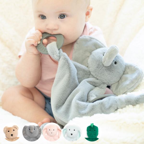 サイズ/約幅33×高さ36cm内容量/1個材質/本体：ポリエステル歯固めリング：シリコーンゴム種類/BEAR、Elephant、BUNNY、Dog、Dino生産国/中国製●歯固め、ラトルが付いたティーザーバディです。●食品グレードシリコーン...