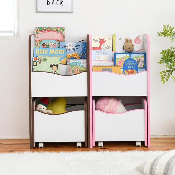 サイズ/約幅48×奥行30×高さ91cm内容量/1台材質/本体：プリント紙化粧合板フチ：EVA樹脂種類/ホワイト/ブラウン、ホワイト/ピンク生産国/中国製キャスター/付き耐荷重/絵本棚：約5kgおもちゃBOX：約15kg組立状態/お客様組立...