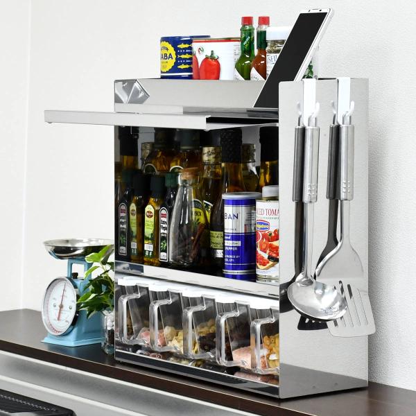 サイズ/約幅43.5×奥行14.5×高さ42.5cm重量/約5.3kg容量/調味料ポット1個あたり：800ml内容量/1セット（ラック1台、フック2個、スプーン付き調味料ポット5個）材質/ステンレス生産国/日本製天板耐荷重/約3kg棚板1枚...