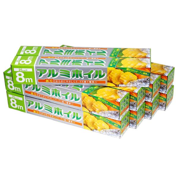 サイズ/25cm×8m内容量/10本入材質/アルミニウムはく生産国/中国製●調理から食品の保存にと便利に使えるアルミホイルです。●ホイルカッターは紙刃を使用しているので、外箱ごと燃えるゴミとして処分できます。●アウトドアや防災用品としてもオ...
