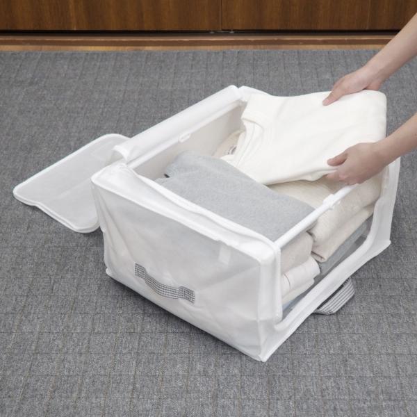 サイズ/約幅44×奥行39×高さ23cm重量/約406g内容量/1個材質/本体：ポリプロピレンフレーム：ポリプロピレン、ABS樹脂生産国/ベトナム製組立状態/お客様組立品●フレーム付き衣類収納袋 『Mサイズ』です。●未使用時はコンパクトに折...